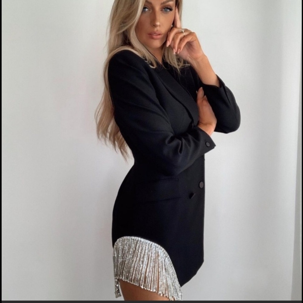 Zara Limited Edition Blazer Dress W/ Rhinestone Fring… - Gem